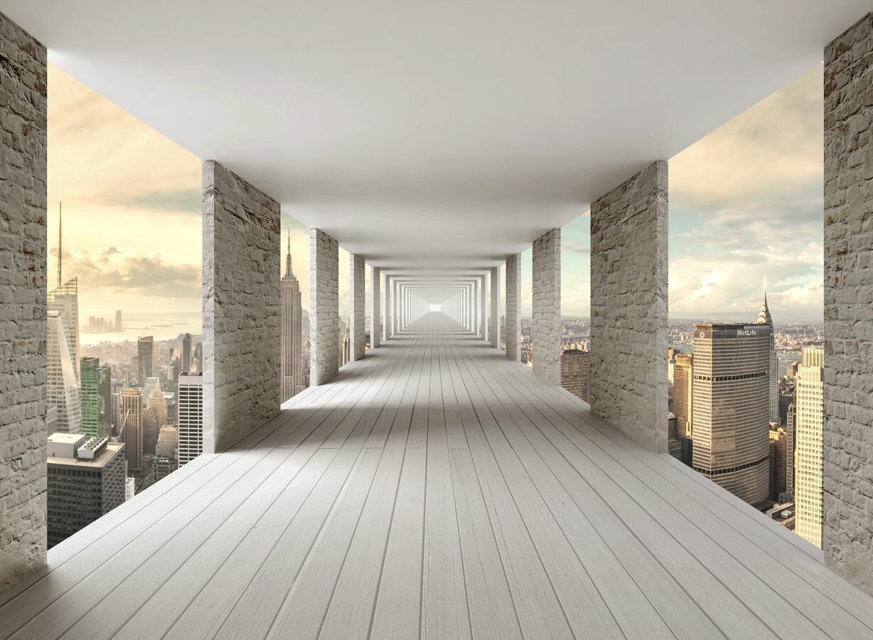 Фотообои Уютная стена "Бесконечный туннель с видом на небоскребы", флизелиновые, 370х270 см