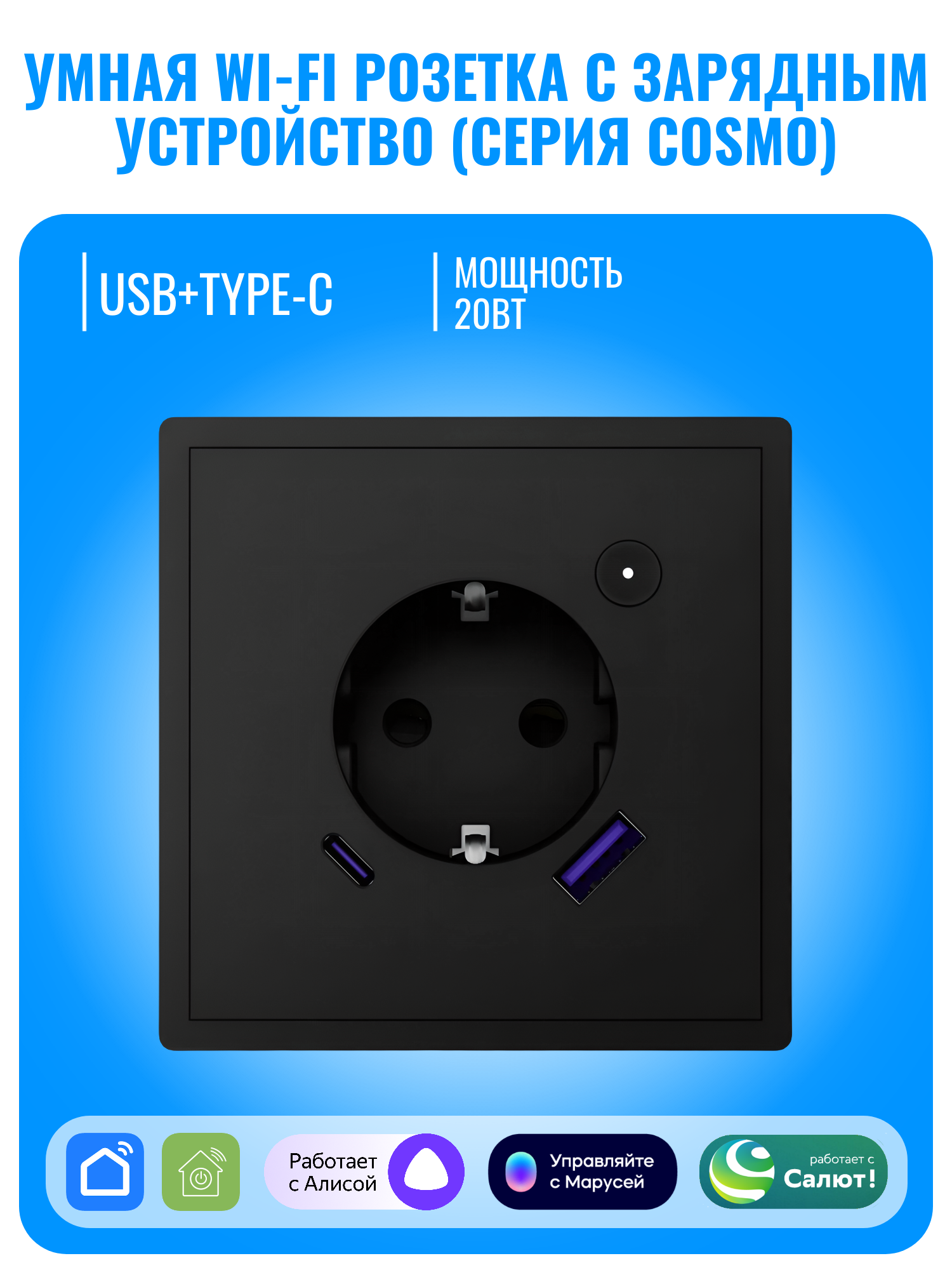 Умная Wi-Fi розетка с зарядным устройством USB и Type-C Smart Aura серия COSMO