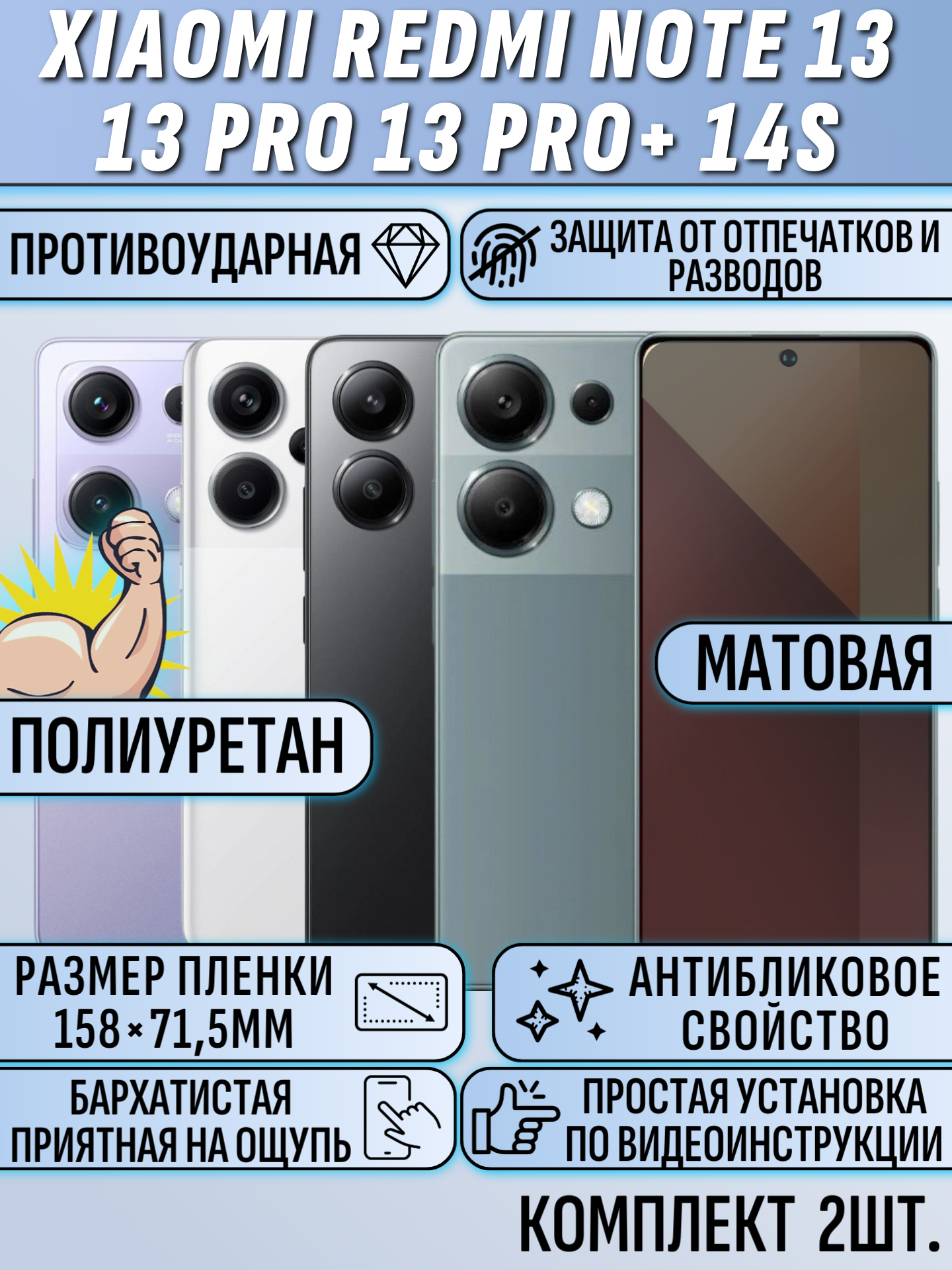 Гидрогелевая пленка для Xiaomi Redmi Note 13 13 Pro 13 Pro Plus 14s матовая 2шт