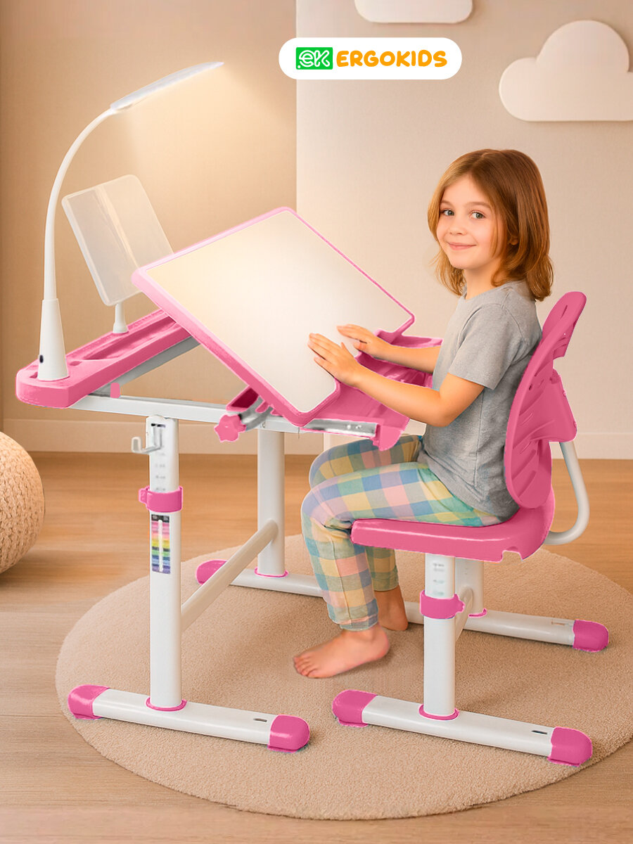 Растущий стол и стул детский комплект с лампой Ergokids Anty EVO-17 розовый