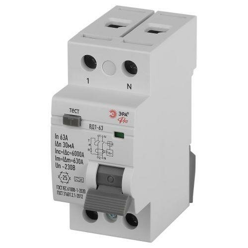 Выключатель дифференциального тока (УЗО) 2п 63А 30мА тип А электромех. ВД1-63 PRO VD2EM63A30, ЭРА Б0061772 (1 шт.)