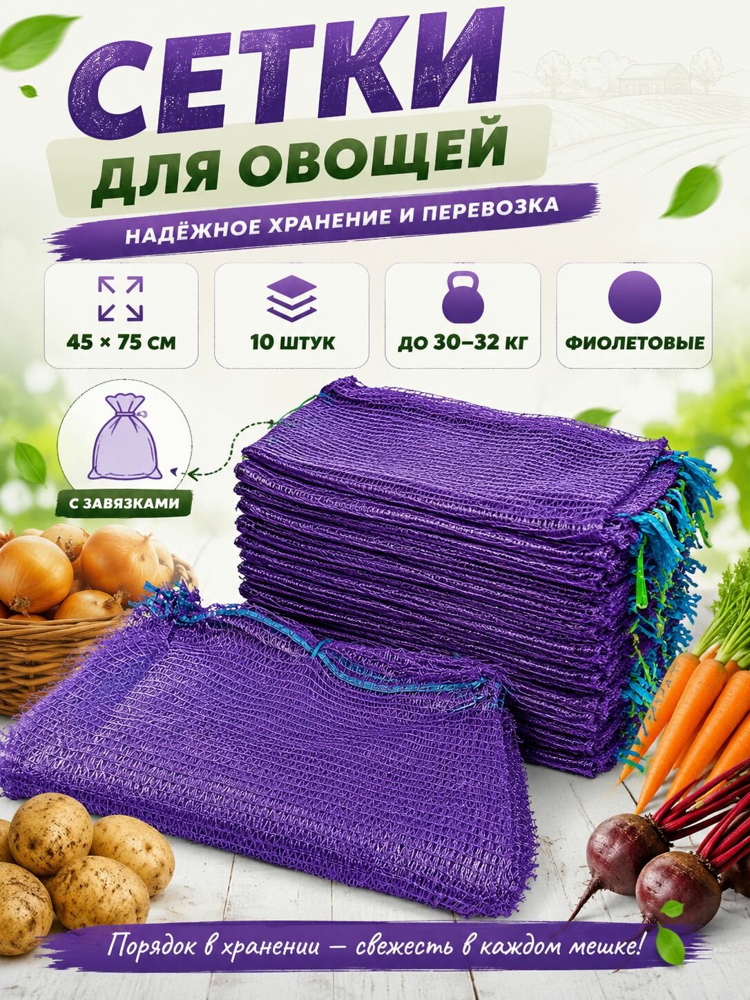 Сетки для овощей 45х75 см, 10 шт, фиолетовые, мешки с завязками до 30-32 кг для картофеля, лука и хранения урожая