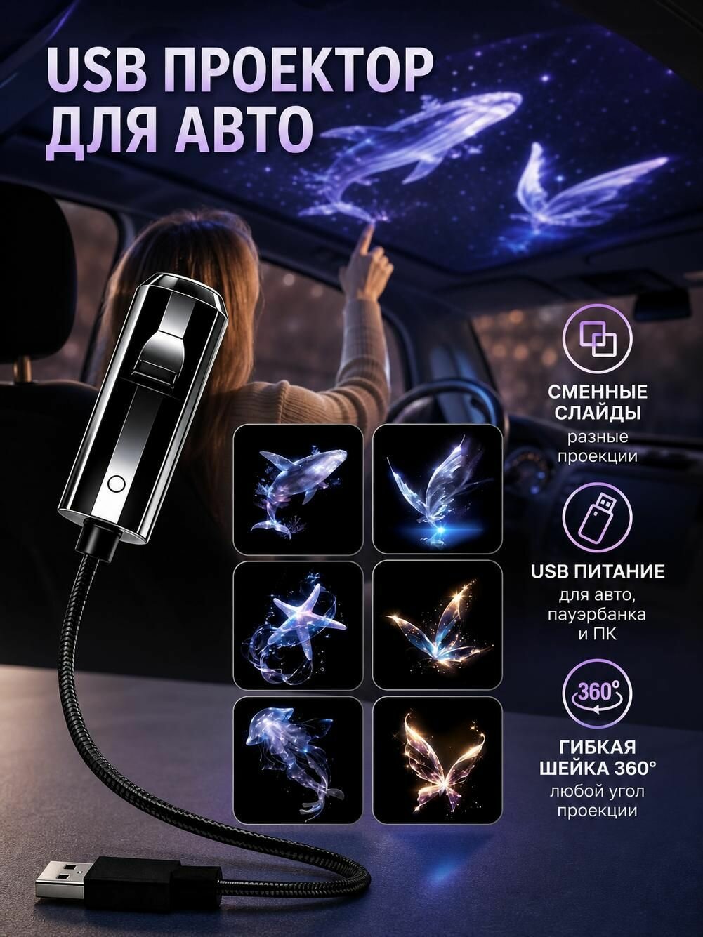USB проектор звездного неба , 6 сменных дисков планетами и туманностями, ночник для спальни салона авто
