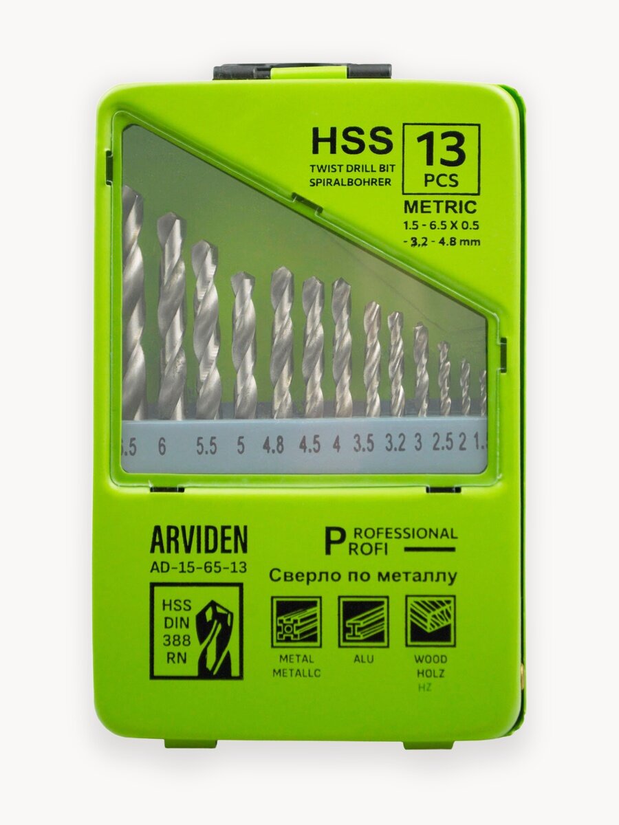 Набор сверл по металлу 13 шт. HSS, от 1.5-6.5 мм. ARVIDEN полированное покрытие