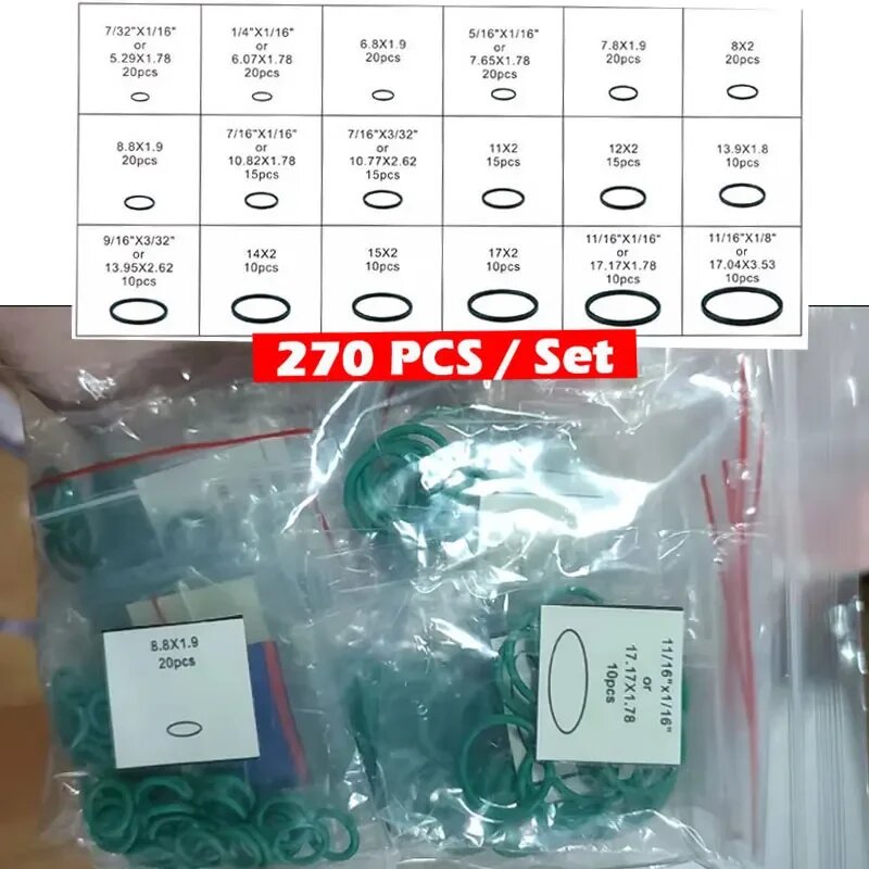 270шт. Комплект уплотнительных колец для кондиционера R134a, 18 размеров, без коробки