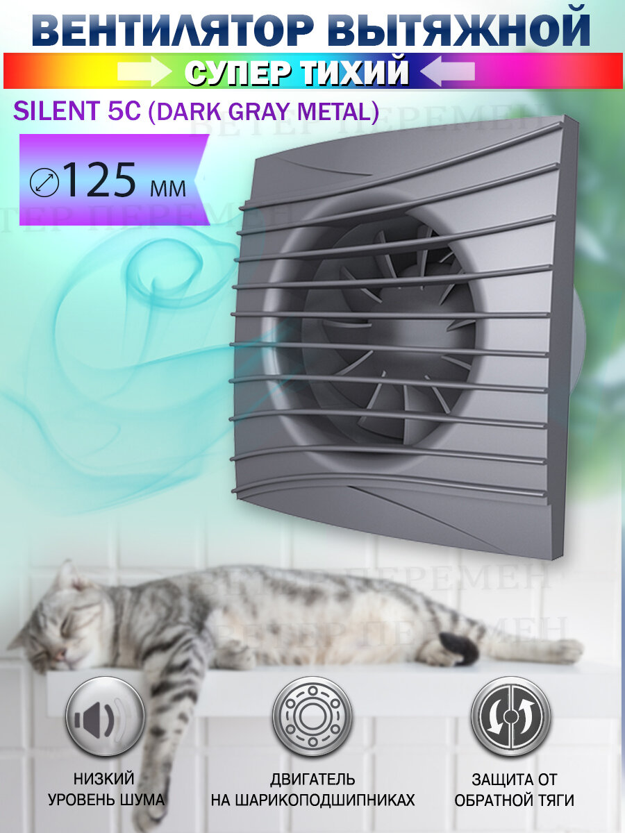 Вентилятор вытяжной Diciti SILENT 5C Dark gray metal, с обратным клапаном, бесшумный, D 125 мм
