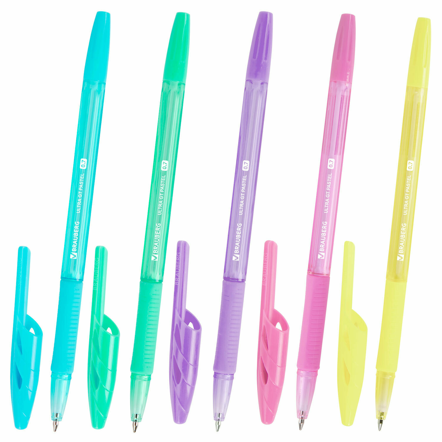 Ручка шариковая с грипом BRAUBERG "ULTRA GT PASTEL", синяя, корпус ассорти, линия 0,35 мм, комплект из 100 шт, 144053