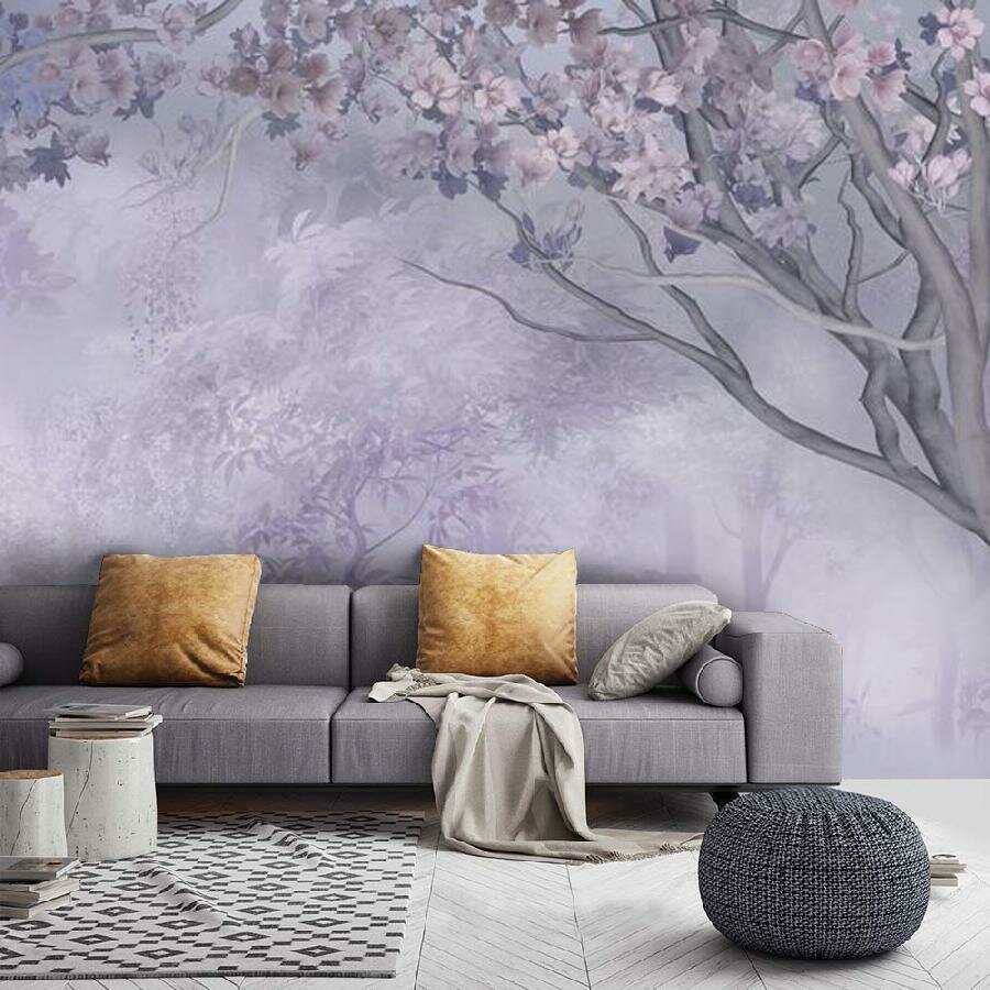 Фотообои Дерево в сиреневом тумане 13-447-S-Холст 270 x 200 см (ВхШ) Бесшовные, флизелиновые, влагостойкие обои MasterFresok