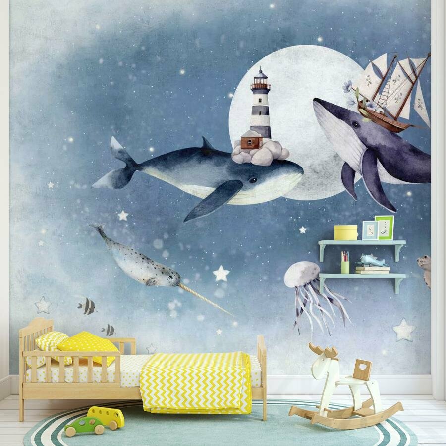 Фотообои Киты и луна 12-1808-S-Холст 270 x 200 см (ВхШ) Бесшовные, флизелиновые, влагостойкие обои