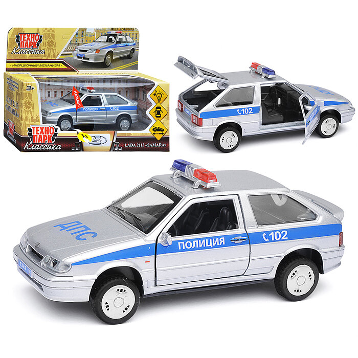 Машина металл ВАЗ-2113 Пплиция 12 см, (двери, серебристый, свет-звук) в коробке