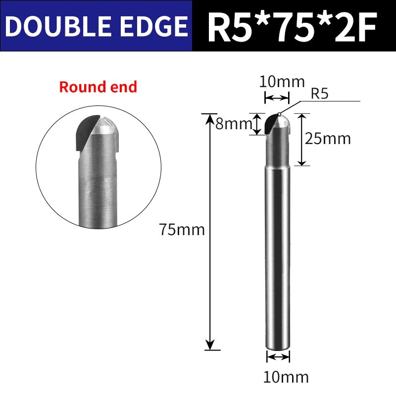 PCD Алмазная фреза, фреза для фаски, углеродная пайка, стекловолокно, цинковые сплавы, твердосплавные фрезы с ЧПУ, гравировальные биты R5x75x2F