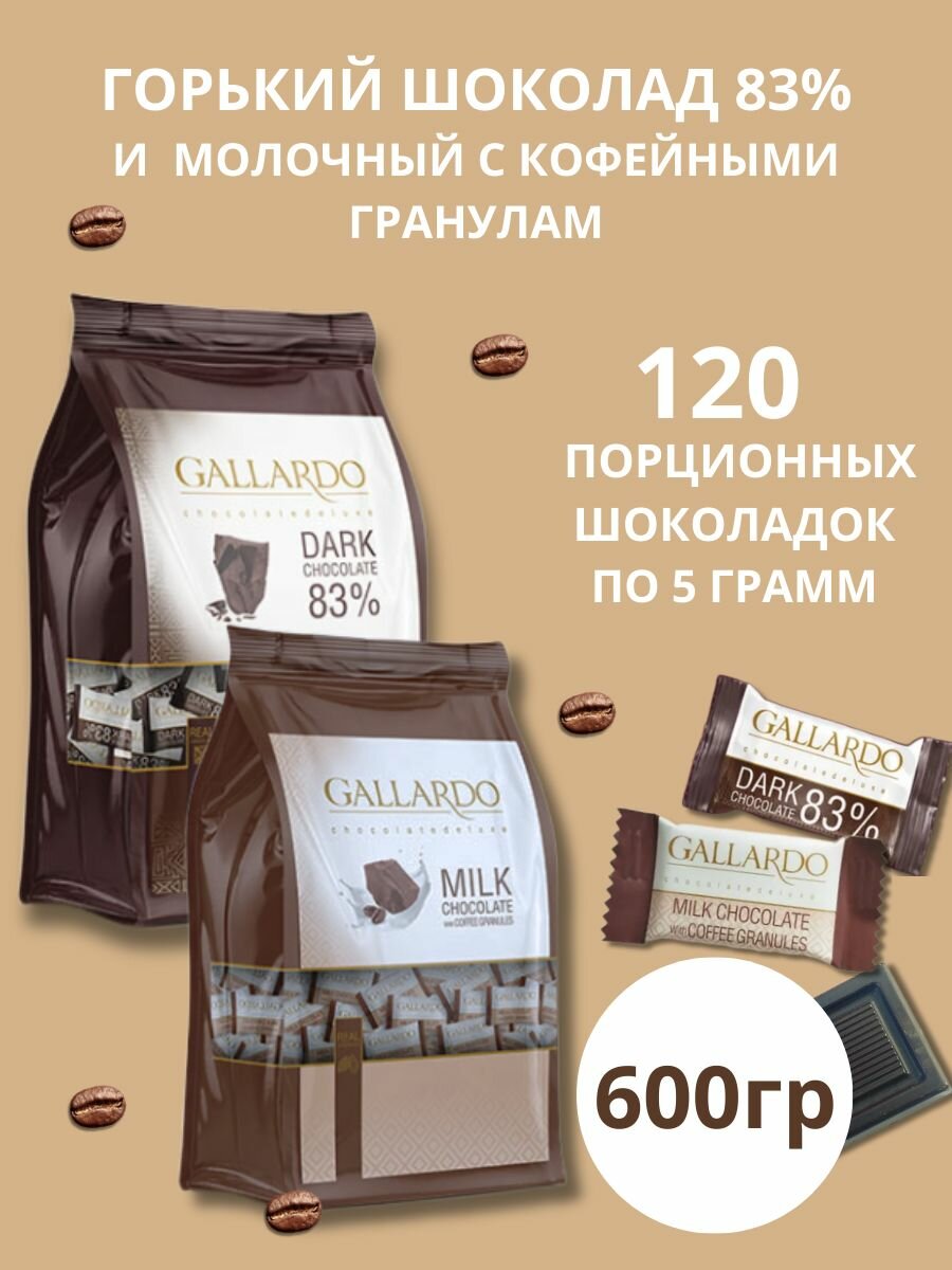 Шоколад горький 83% и молочный с кофе Gallardo порционный набор 2шт по 300гр - 600гр