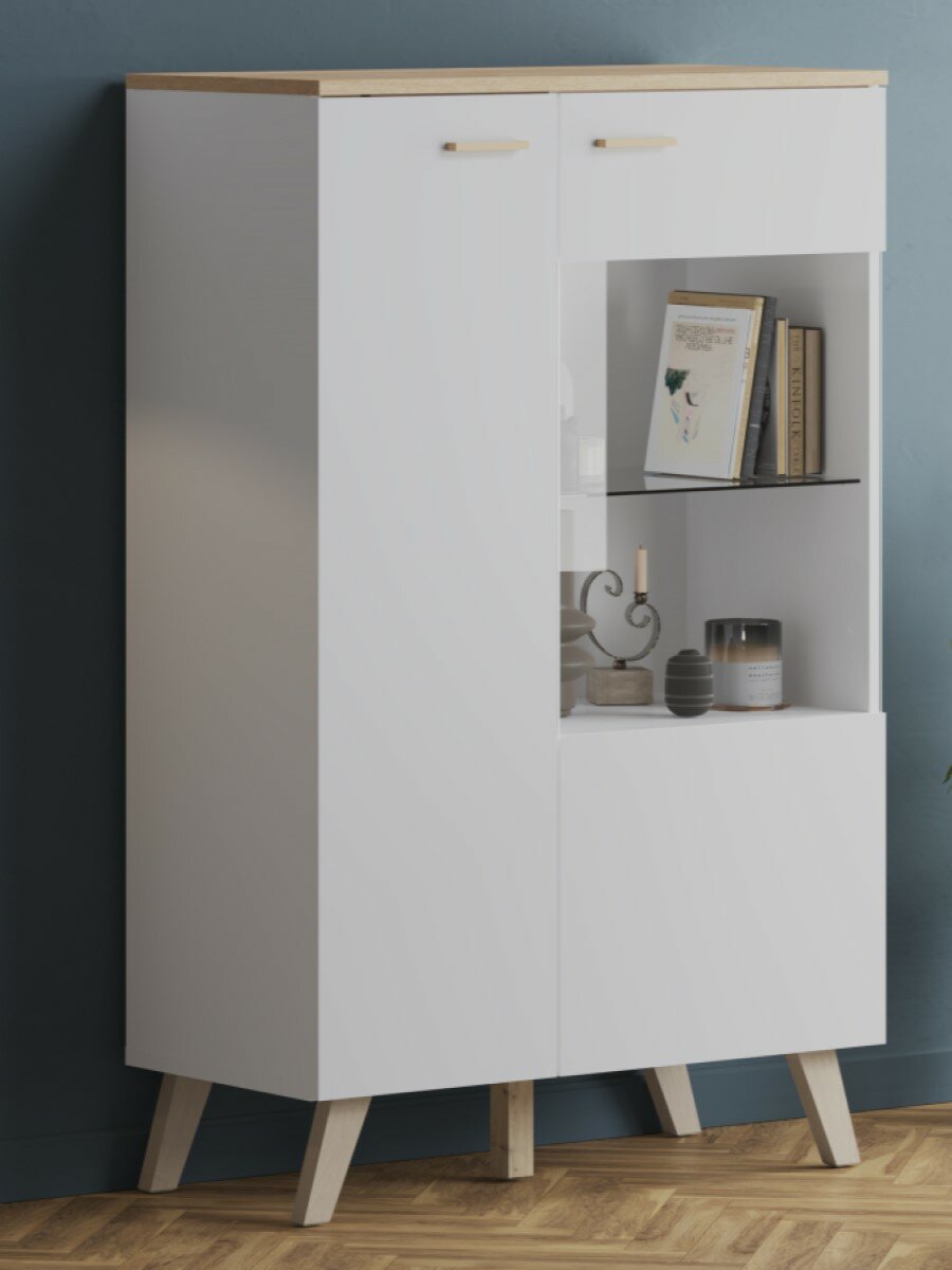 Шкаф двухдверный со стеклом Askona (Аскона) Helmi (Хельми) Гикори кингстон+Белый блеск 85х134х41