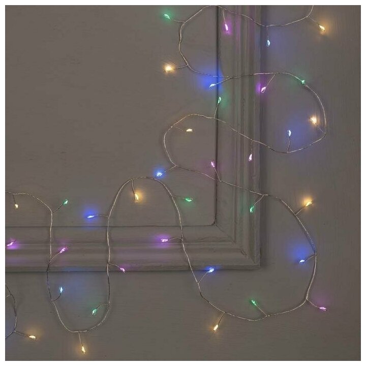 Гирлянда "Мишура" 10 м роса, IP20, серебристая нить, 200 LED, свечение мульти, фиксинг, 12 В