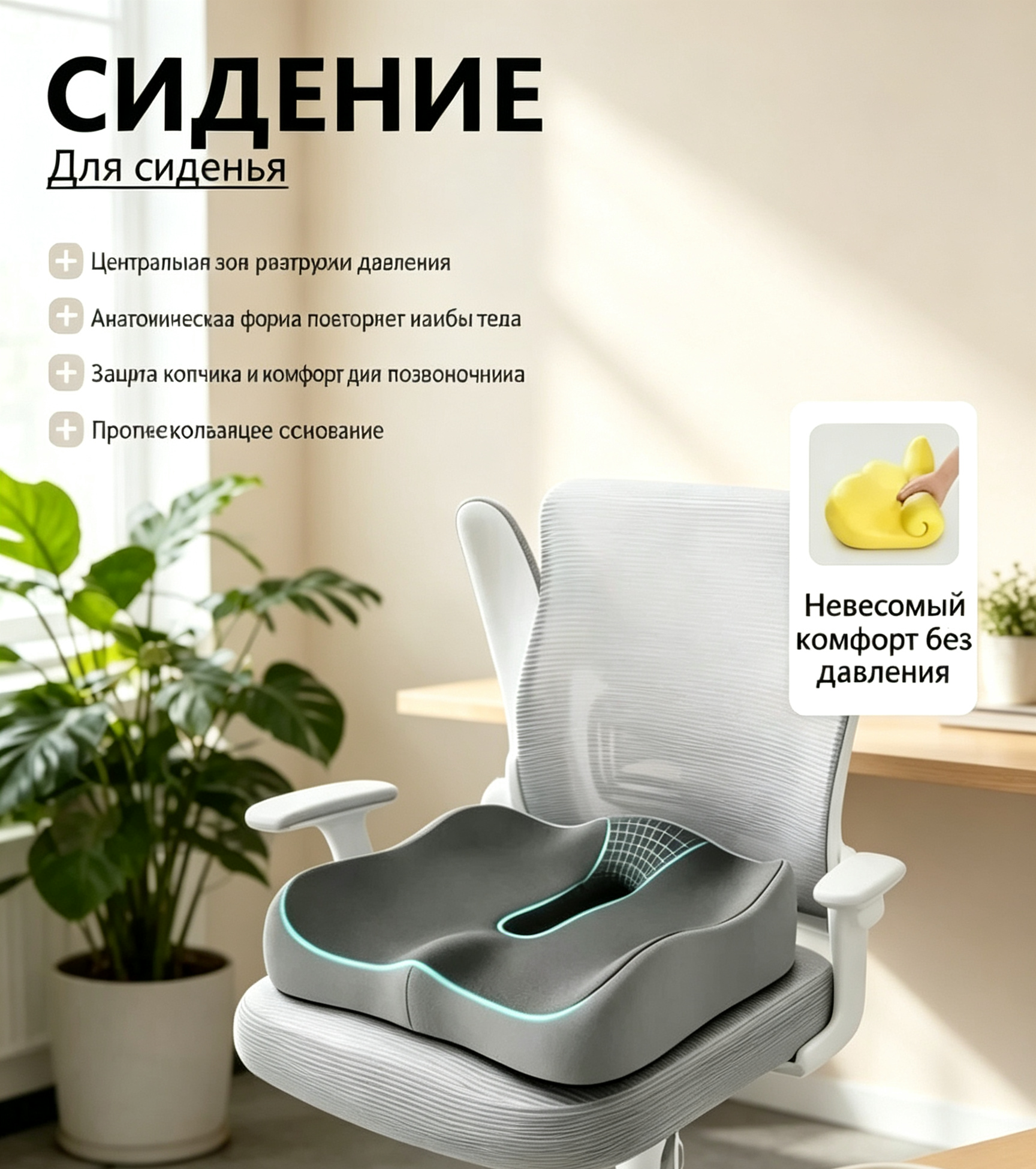 Офисная подушка из пены с эффектом памяти для декомпрессии хвостового отдела позвоночника с утолщением 34x40 см