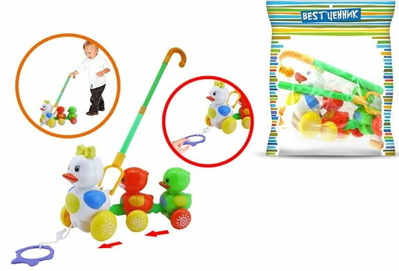 Каталка "Уточка с утятами"на палке и веревке в пакете