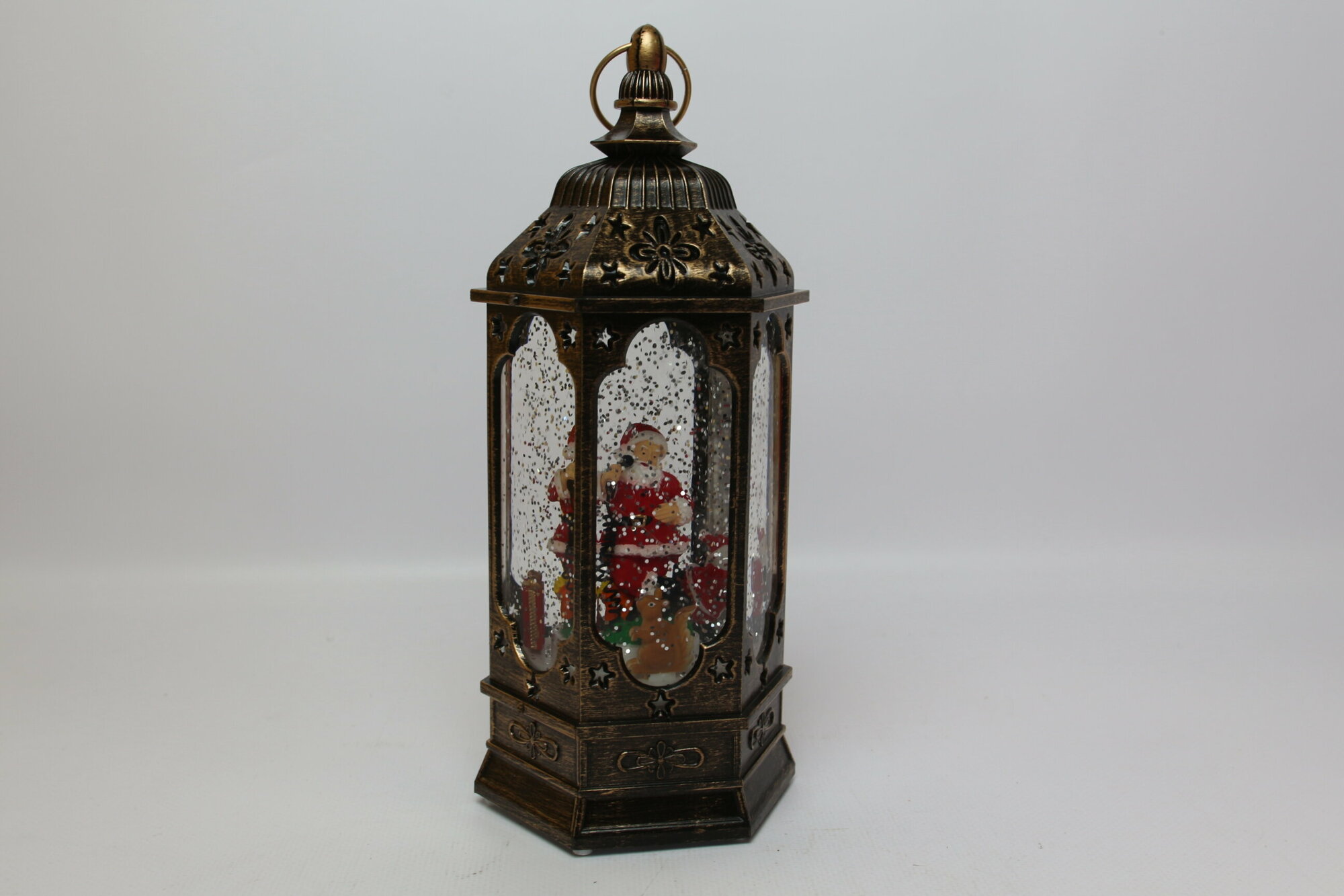 Новогодний фонар"Дед Мороз с телефонной трубкой", вращается, музыкальный, LED, USB, 3*ААА, 23.5*10.5*10.5 см, цвет бронза