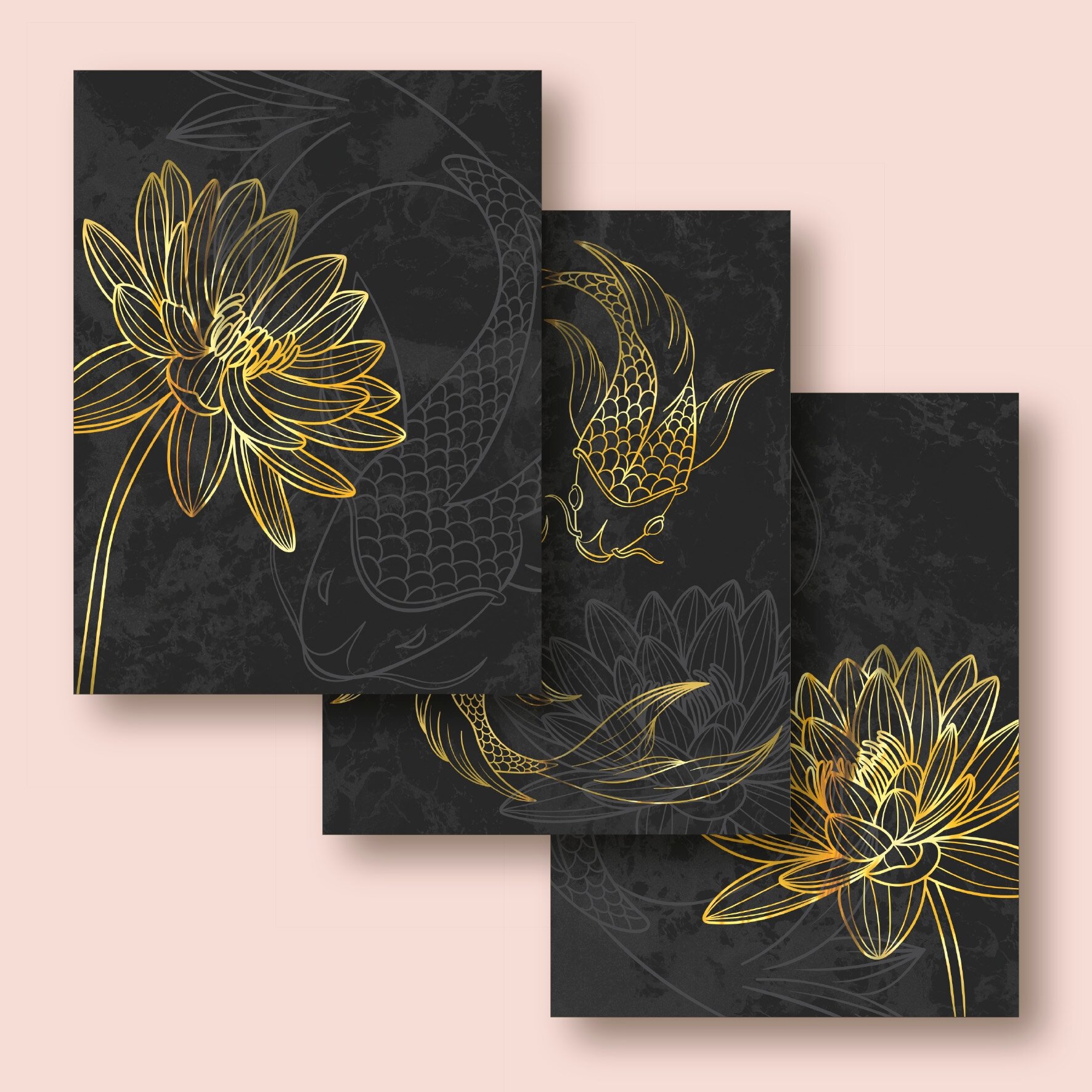 Постеры интерьерные золотые (3 штуки, 30х40 см). Картины /декор для дома / интерьерный коллаж. Карпы