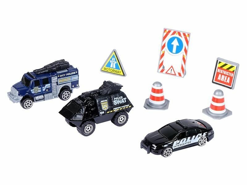 Набор металлических машинок AUTODRIVE Полицейская техника 3шт (машина, джип, бтр), дорожные знаки