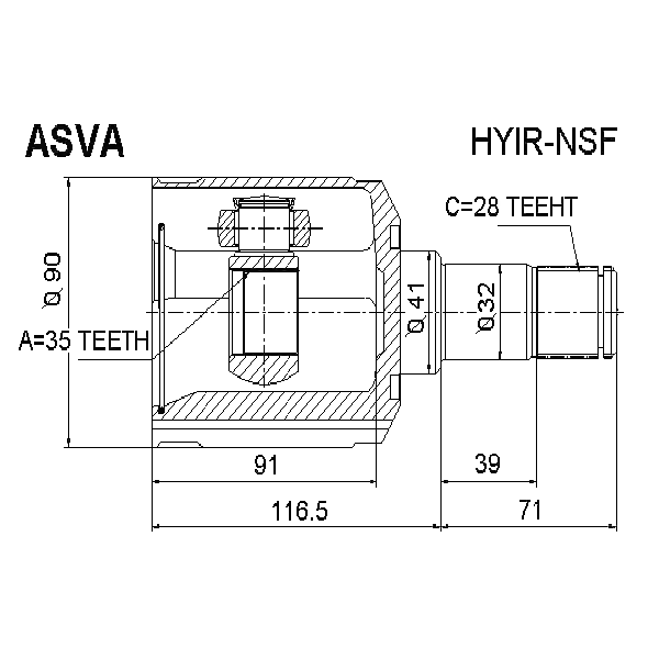 ASVA HYIR-NSF (1211SFCLRH / 495052PA30 / 496052BA10) шрус прав. / Santa fe (Санта фе) 2006-2008 2,2 crdi 5mt / 4at 2wd / 4wd