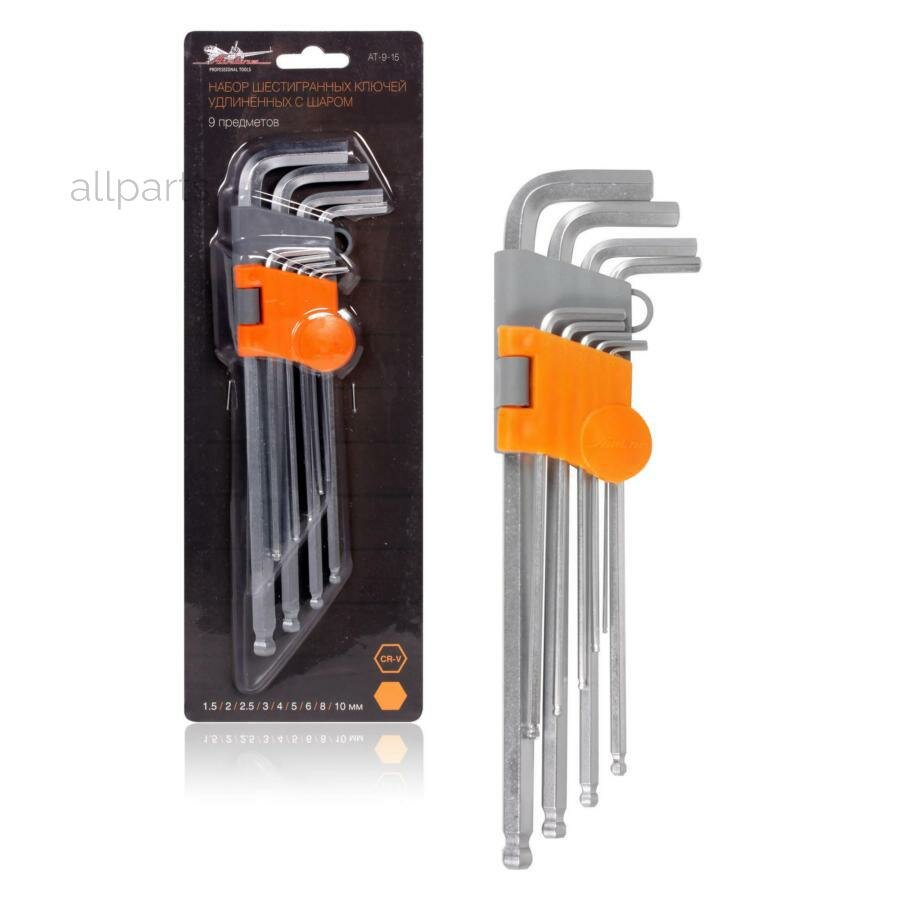 AIRLINE AT915 набор ключей шестигранных удлиннных С шаром 9 ПР. (1.5-10ММ) пласт. Подвес (AT-9-15)