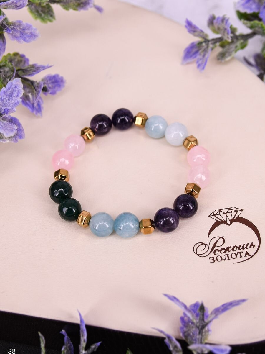 Славянский оберег, Браслет-нить, аметист, кварц розовый, аквамарин