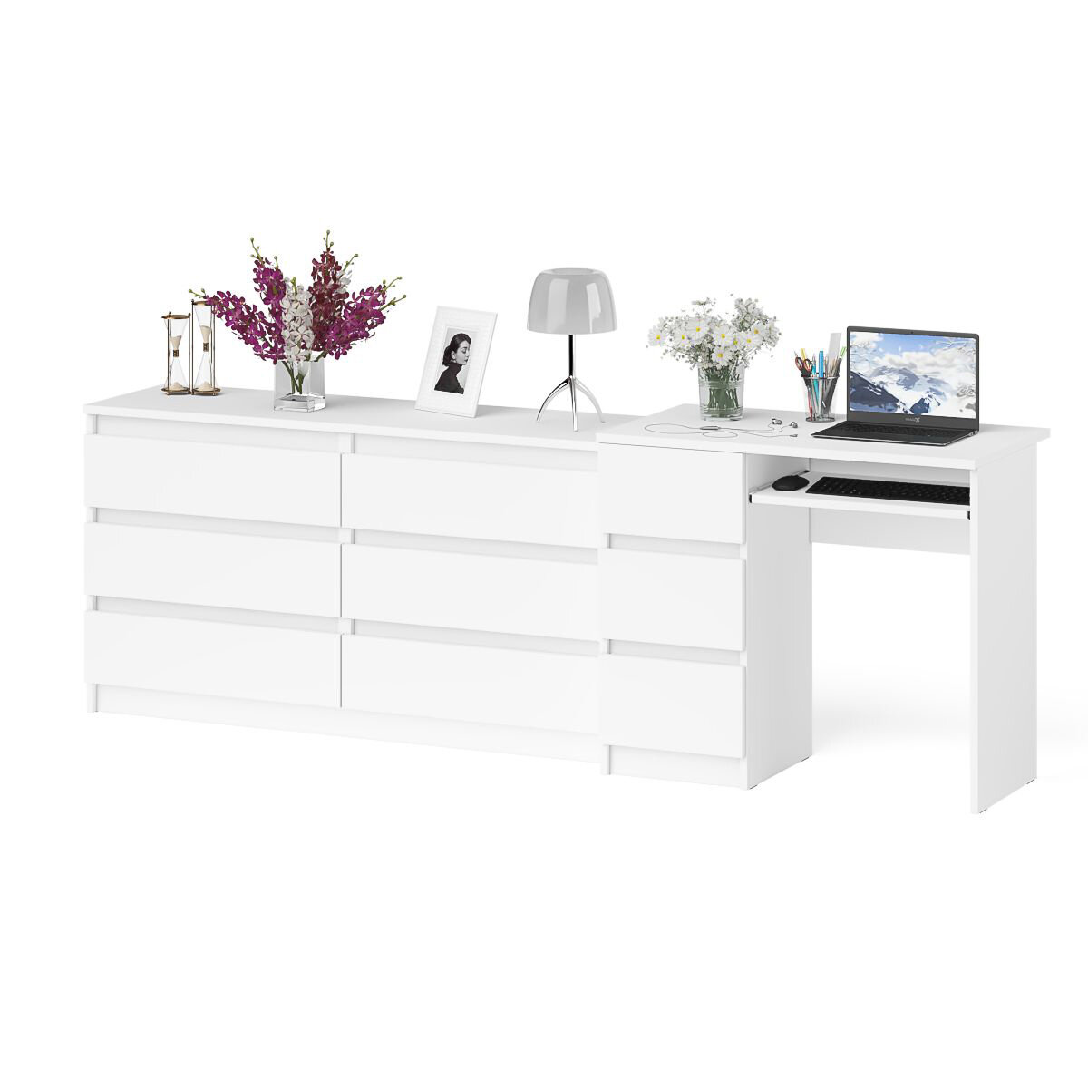 Широкий комод СВК Мори МК1380.6 и стол компьютерный три ящика слева цвет белый, 228х50х76,6 см.