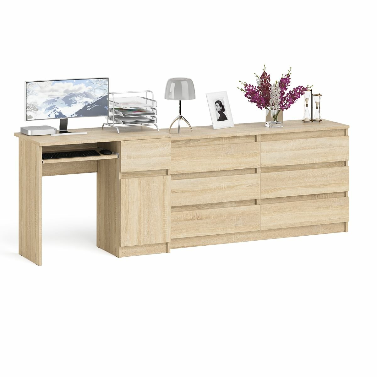 Комод Мори СВК МК1380 6 выдвижных ящиков с компьютерным столом правый дуб сонома, 228х50х76,6 см.