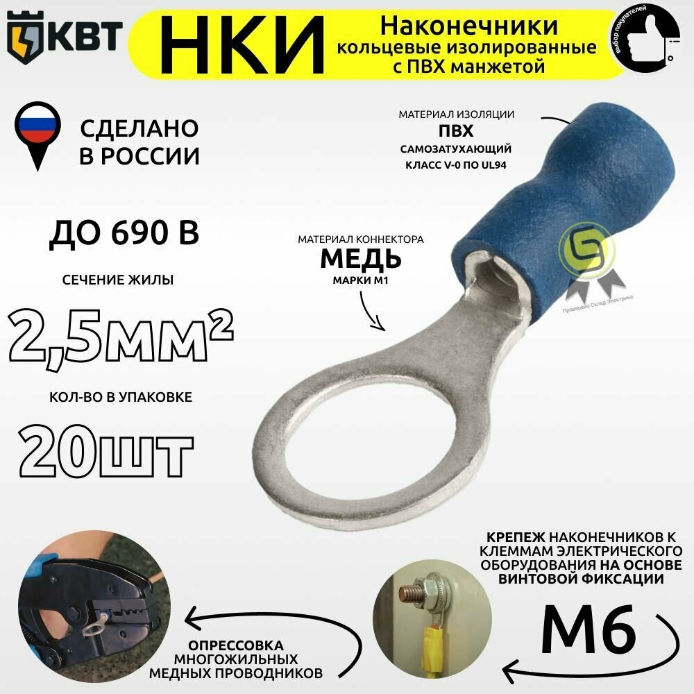 Наконечник НКИ 2,5-6 20шт кольцевой изолированный кабельный серия профи с ПВХ манжетой синий 47479