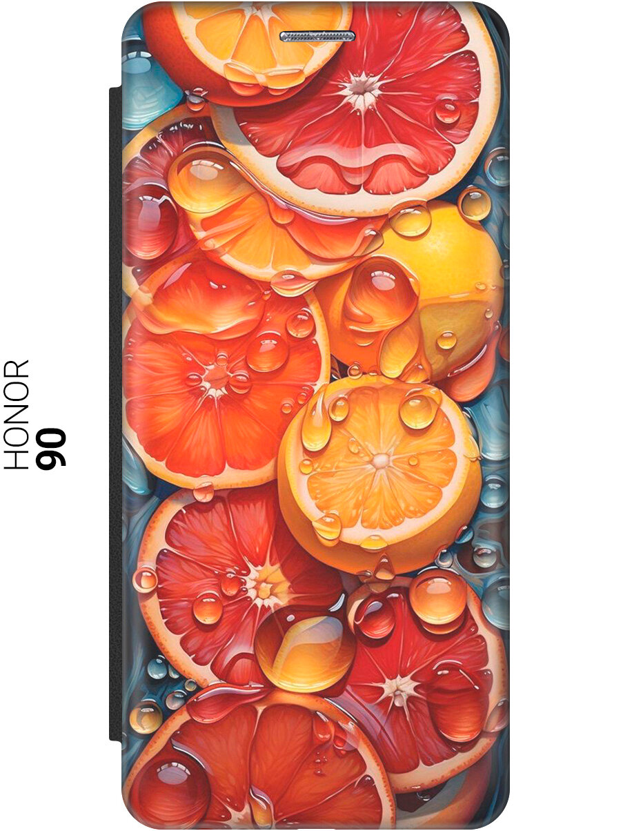 Чехол-книжка на Honor 90 / Хонор 90 с рисунком "Сочные апельсины в каплях" черный