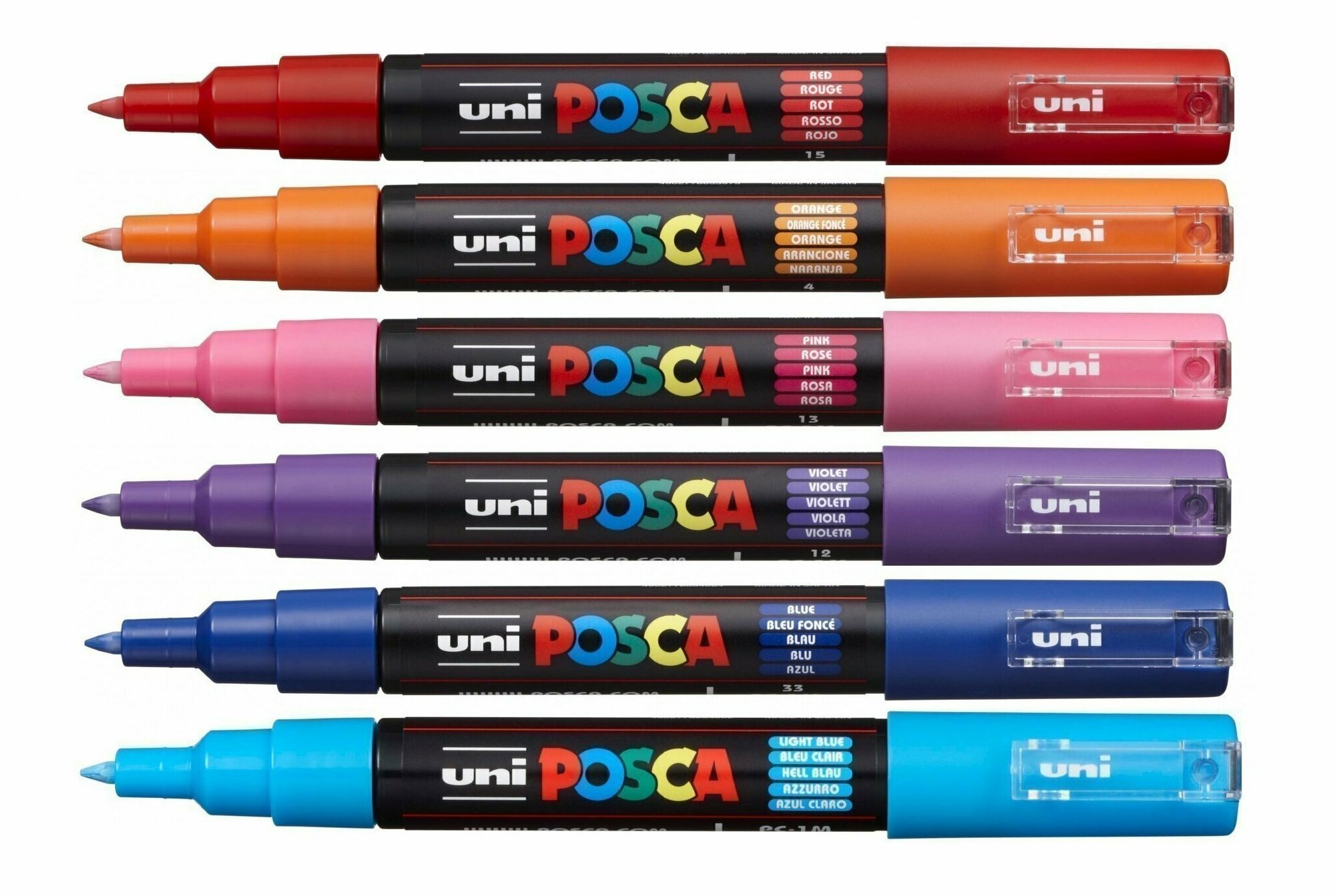 Маркер набор 6 цветов POSCA PC-1M №1M-2 (красный №15, оранжевый №4, синий №33, фиолетовый №12, голубой № 8, розовый №13)