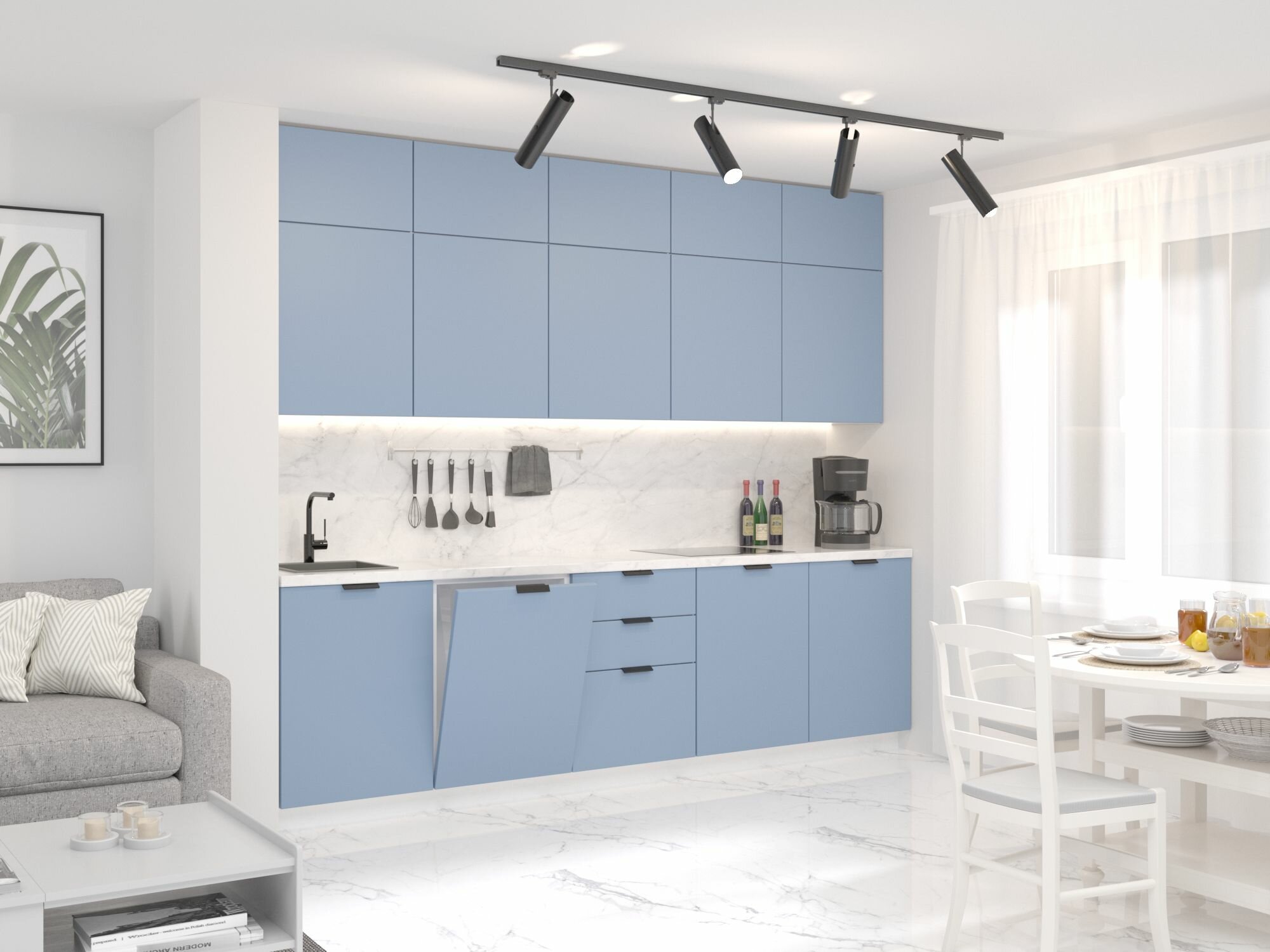 Кухонный гарнитур Фьюжн, Голубой матовый, 3000 мм
