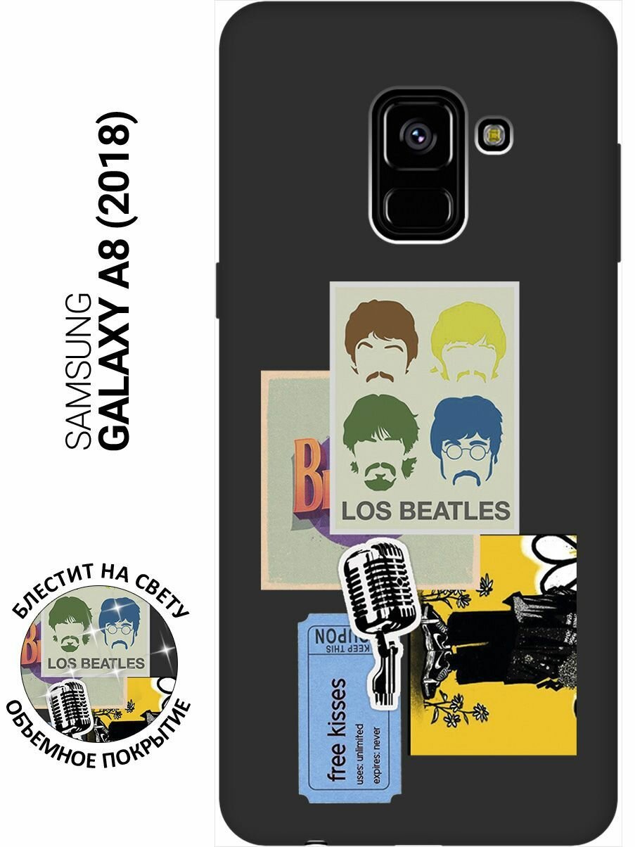 Матовый Soft Touch силиконовый чехол на Samsung Galaxy A8 (2018), Самсунг А8 2018 с 3D принтом "Beatles Stickers" черный