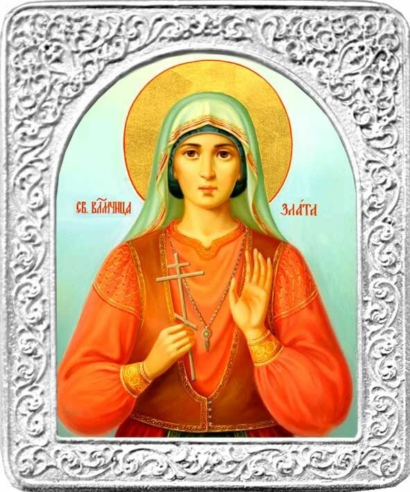 Святая Злата. Маленькая икона в посеребренной раме. 4,5 х 5,5 см.