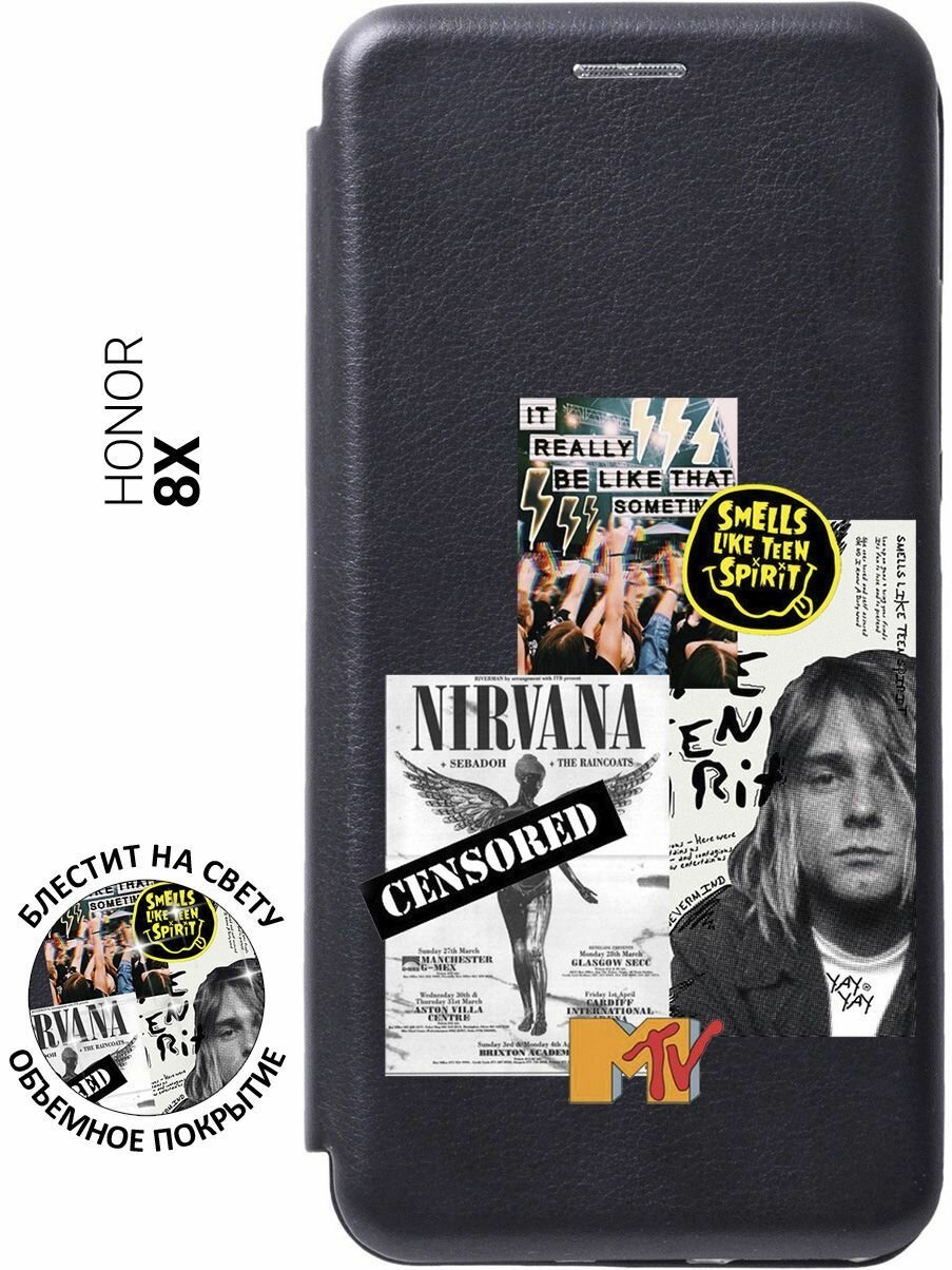 Чехол-книжка на Honor 8X, Хонор 8Х с 3D принтом "Nirvana" черный