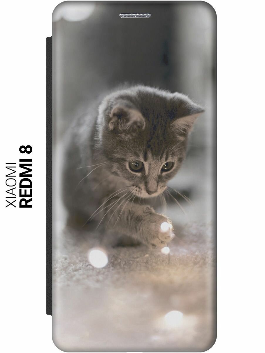 Чехол-книжка на Xiaomi Redmi 8, Сяоми Редми 8 с 3D принтом "Котенок и свет" черный