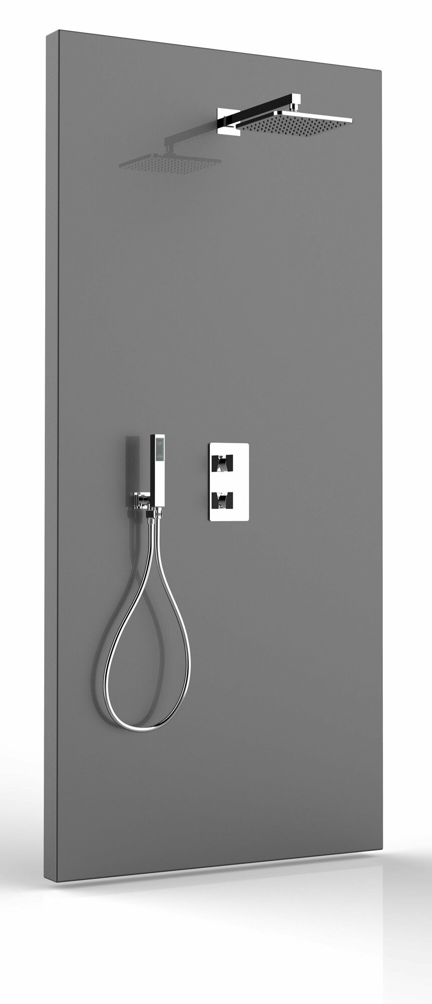 Душевой гарнитур Bossini COSMO: смеситель на 2 выхода, верхний душ 230x230 мм, ручной душ CUBE с водорозеткой, шланг 150 см, цвет хром (M00757.030)