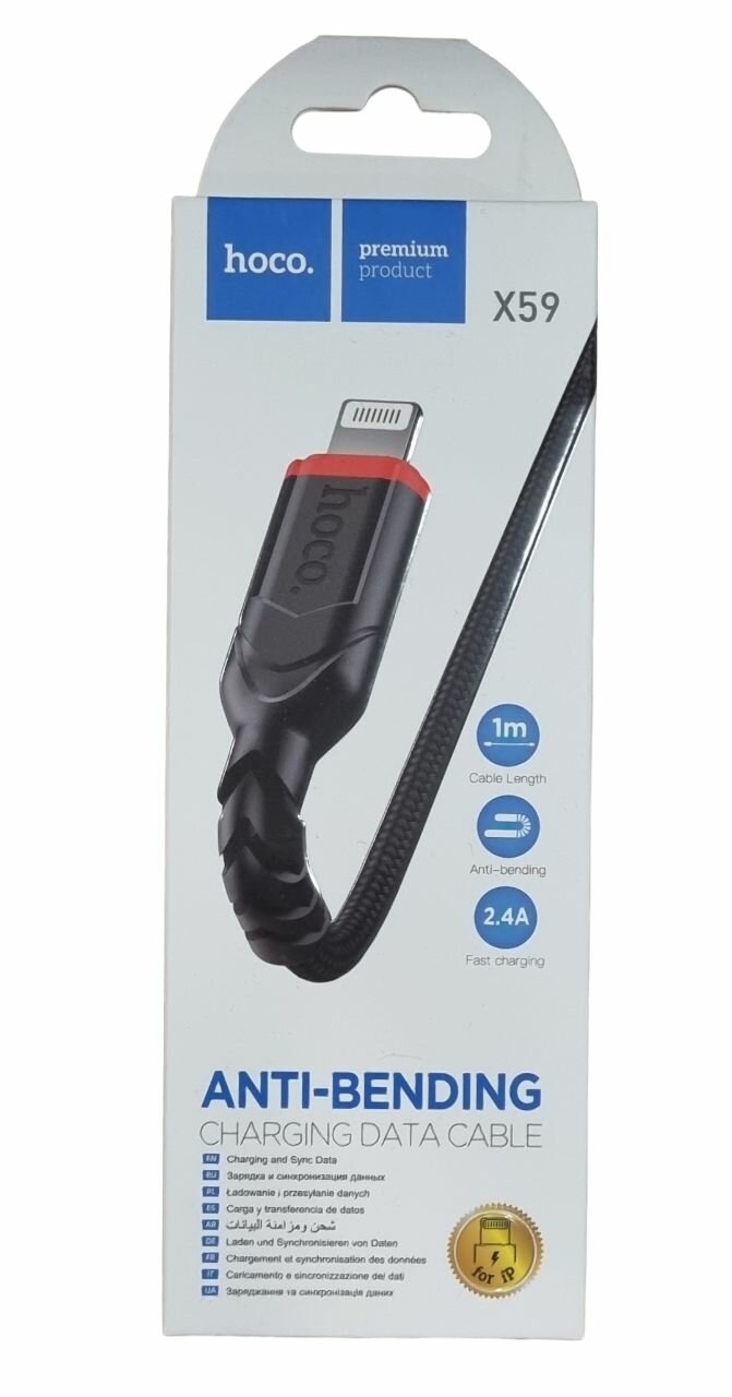 Кабель HOCO X59 Victory, USB-Lightning, для зарядки и передачи данных, в тканевой оплетке, ток до 2.4 А, длина 1 метр, OR. черный