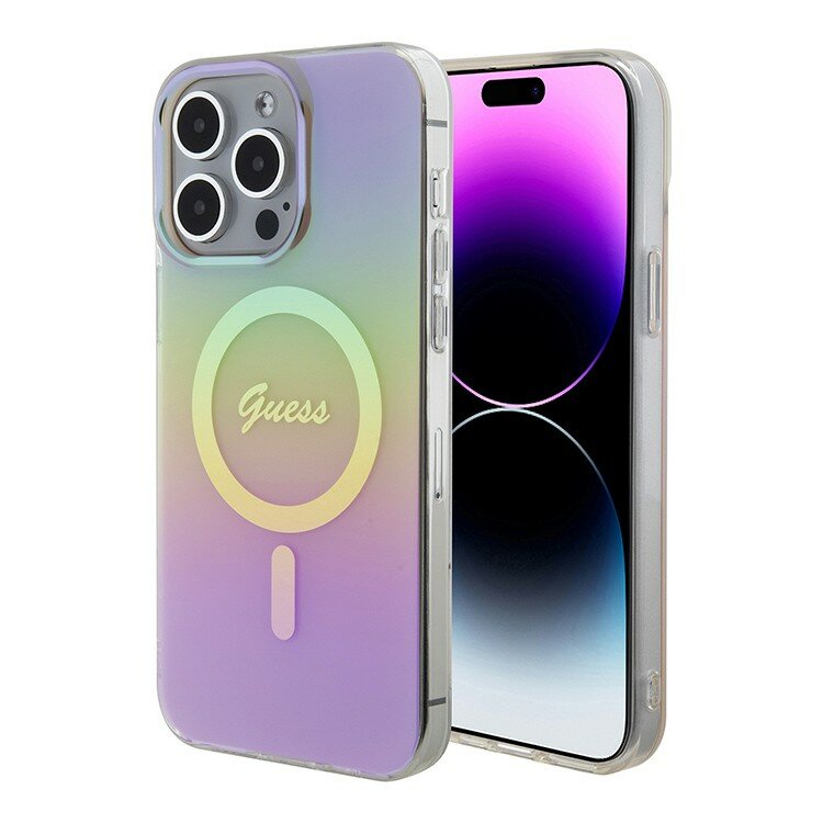 Guess чехол для iPhone 15 Pro, PC/TPU Script printed logo Iridescent Pink (MagSafe)