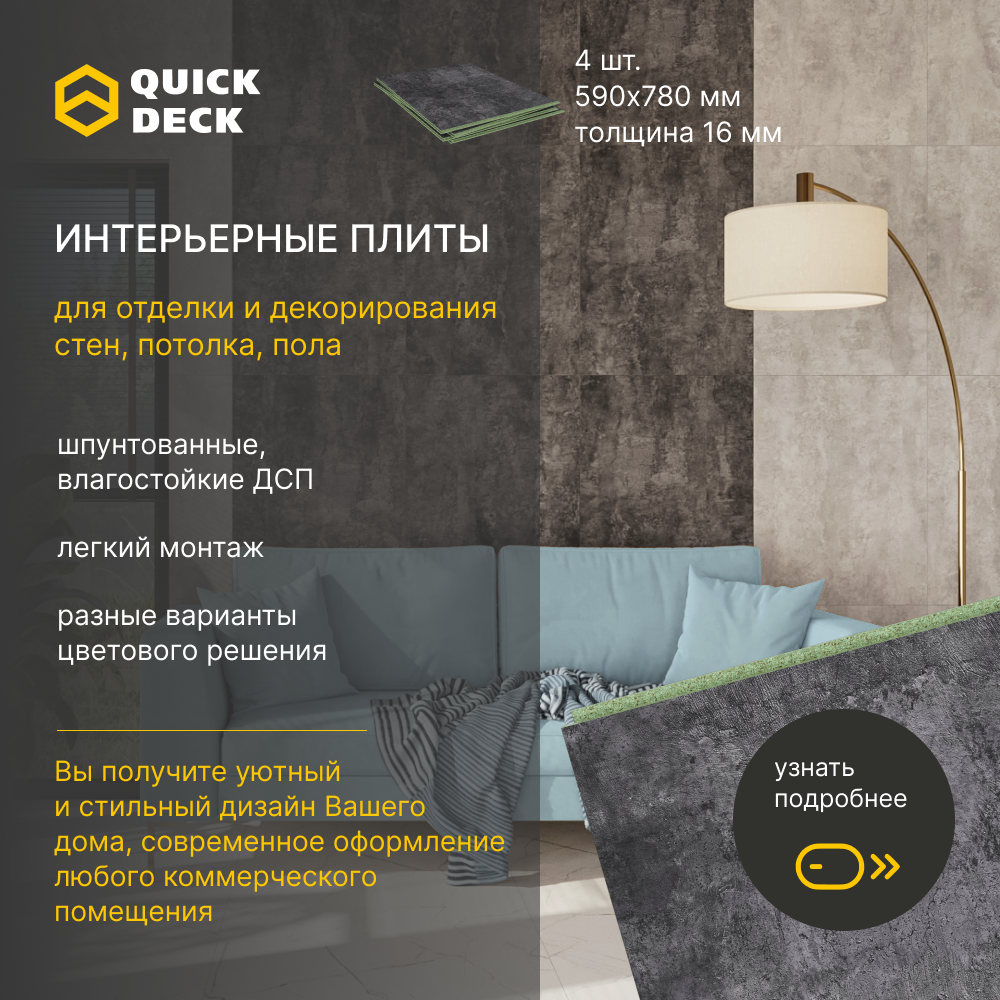 Интерьерные плиты для отделки стен, потолка, пола, стеновые панели, ДСП (древесно-стружечные плиты) Quick Deck Квик дек Бетон Темный 780х590 мм толщина 16 мм 4 шт.