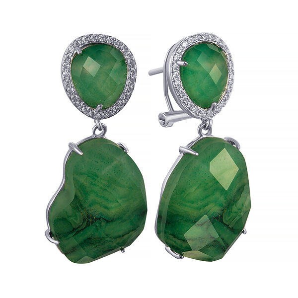 Серьги, серебро, 925 проба, яшма, фианит, стекло
