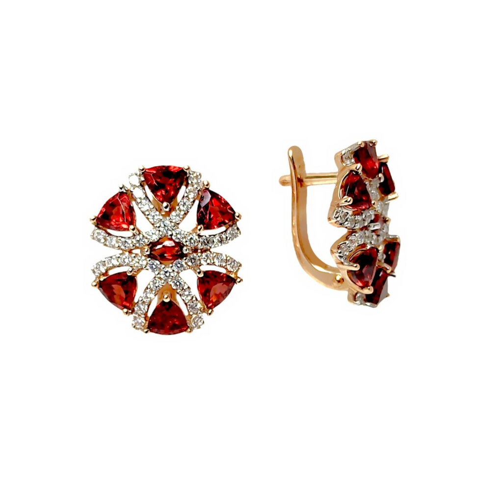 Серьги, золото, 585 проба, фианит, гранат