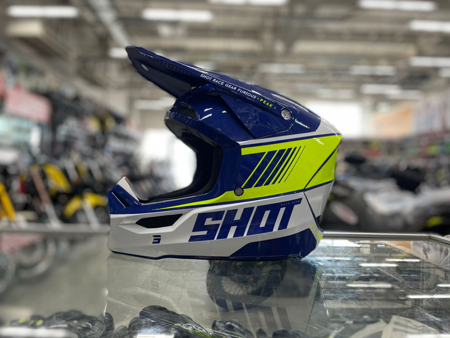 Мотошлем (кроссовый) SHOT FURIOS PEAK (синий/белый/желтый глянец)(размер L)