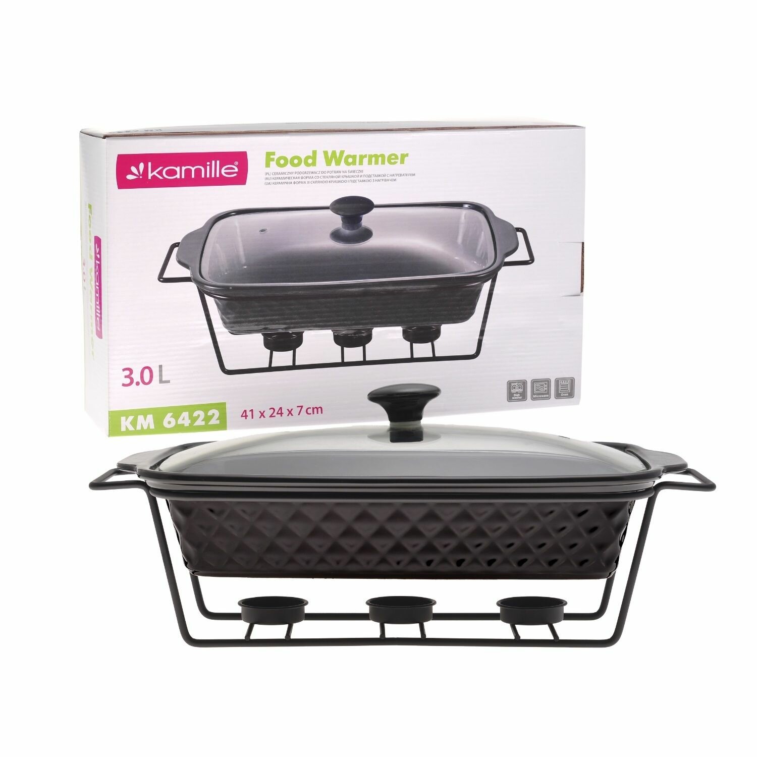 Мармит керамический 3 л с подогревом от свечи прямоугольный Kamille KM 6422