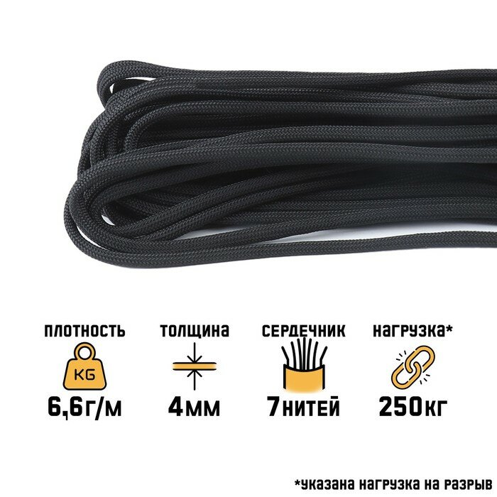 Паракорд 550 для выживания, с леской, с фитилём, d=4 мм, 10 м, нейлон, чёрный