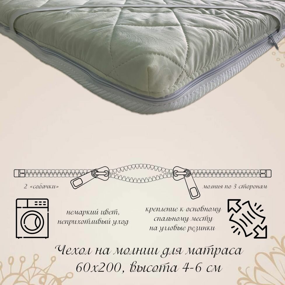 Чехол на молнии для матраса 60х200х4(5,6) синтетический съёмный Ефросиния