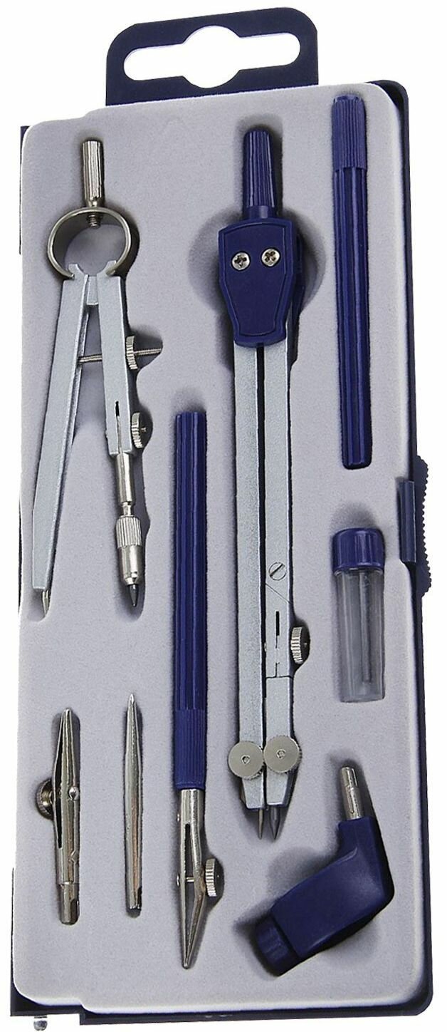 Готовальня для черчения из 8 предметов (2 циркуля 150 мм, 105 мм, 2 удлинителя, грифель, 2 рейсфедера, центрик, держатель для карандаша), чертежный набор в пластиковом пенале