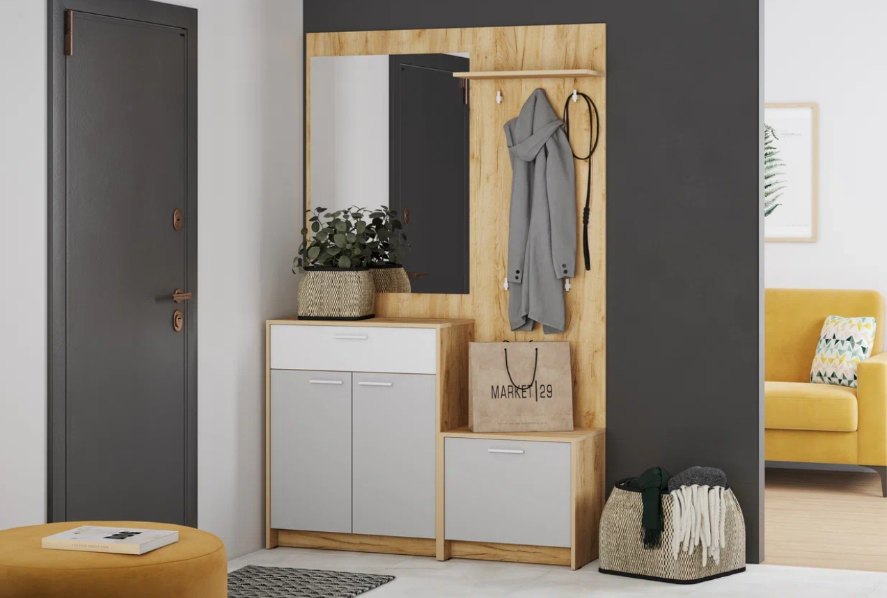 Прихожая Сильва Нортон комплектация 1 (НМ 013.76+НМ 013.23+НМ 013.39+НМ 040.73) Серый камень, белый фасадный, дуб крафт золотой
