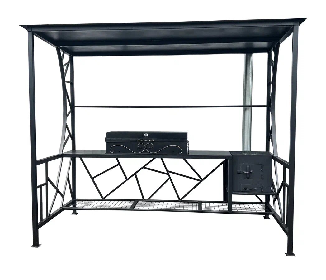 Мангал неразборный с крышей, печкой и топкой-барбекю Стиль 200 х 240 х 115 см