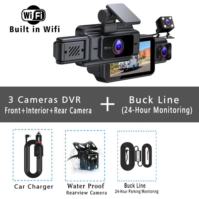 3-канальный видеорегистратор с Wi-Fi, Автомобильный видеорегистратор HD1080P, внутренняя камера, Автомобильный видеорегистратор, черная коробка 3 Lens DVR-BL